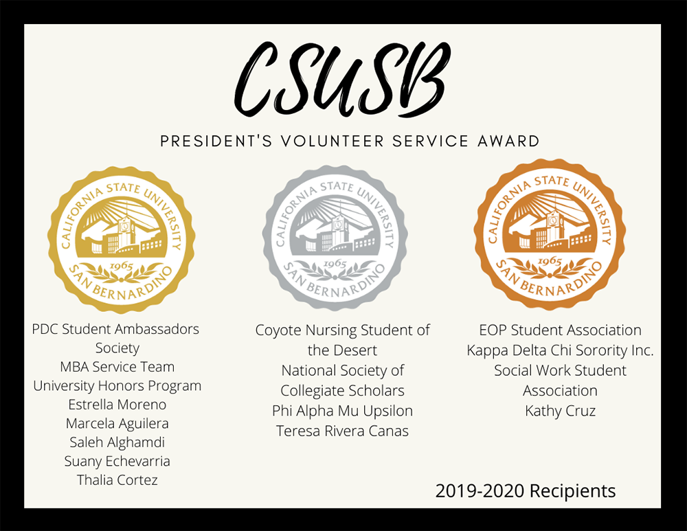 CSUSB President's Volunteer Service Award 2019-2020 | Community Engaged Learning | CSUSB